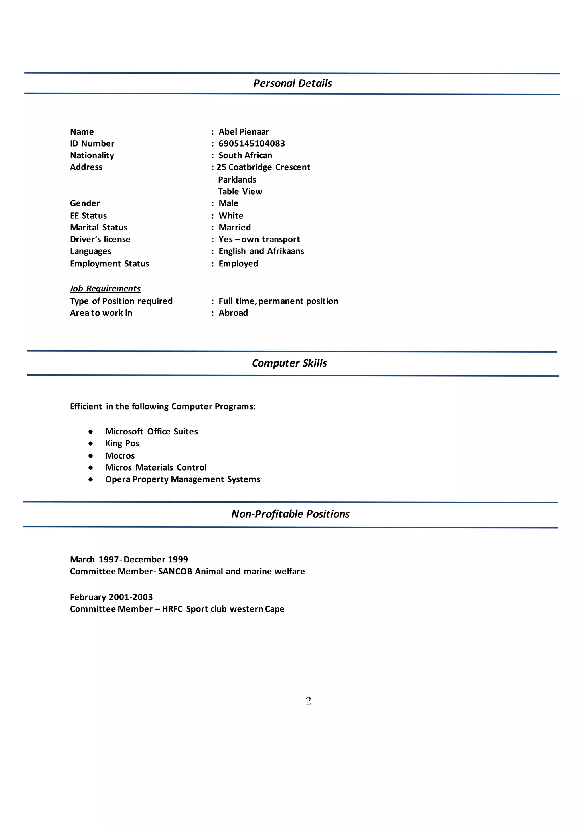 Abel Pienaar CV.. | DOCX | Hospitality Industry | Industries