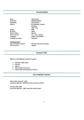 Abel Pienaar CV.. | DOCX | Hospitality Industry | Industries