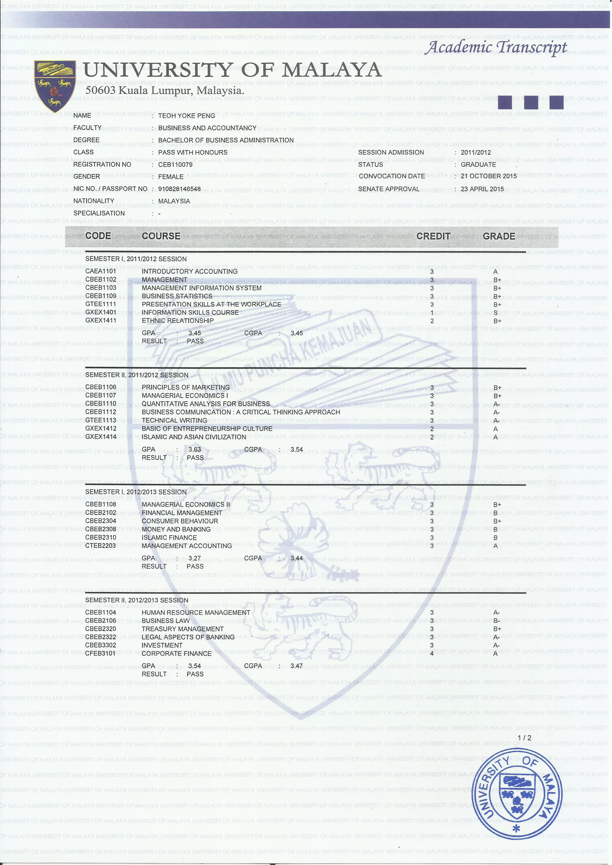 Academic Transcript | PDF
