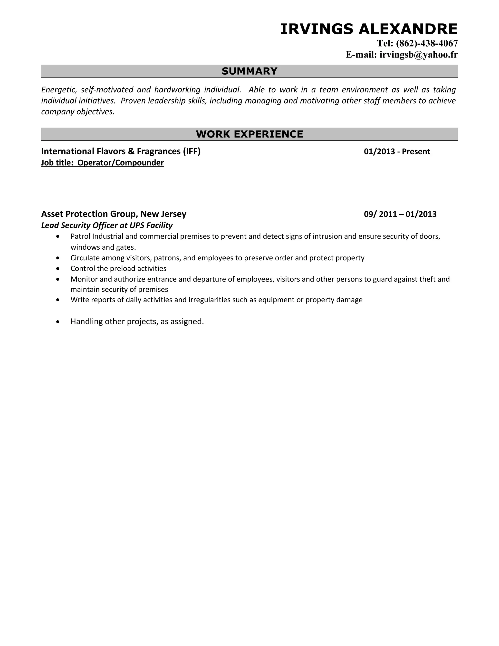 Irvings Alexandre Resume | PDF