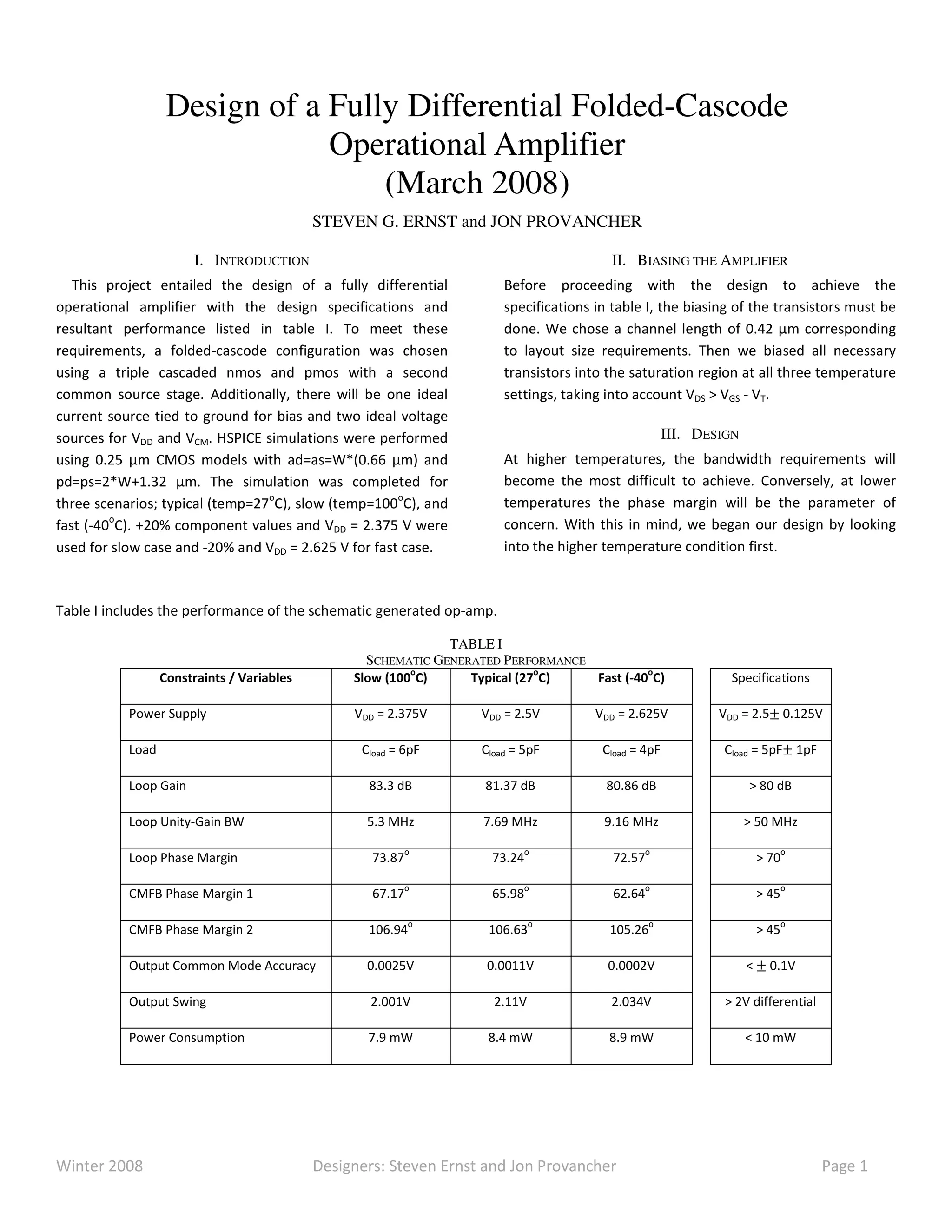 Design of a Fully Differential Folded-Cascode Operational Amplifier | PDF