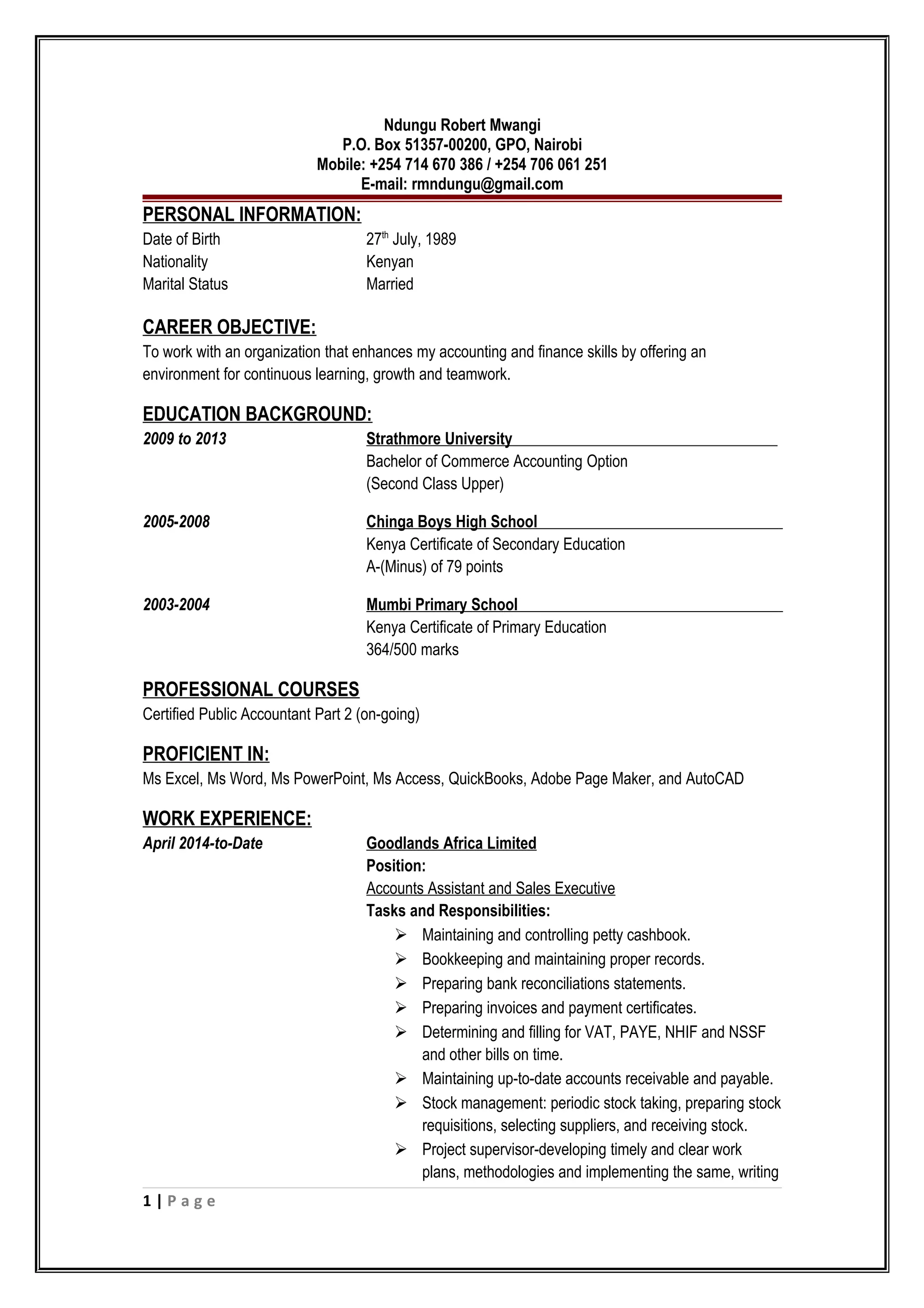 Ndungu Robert CV for Accountant-Finance job | DOC