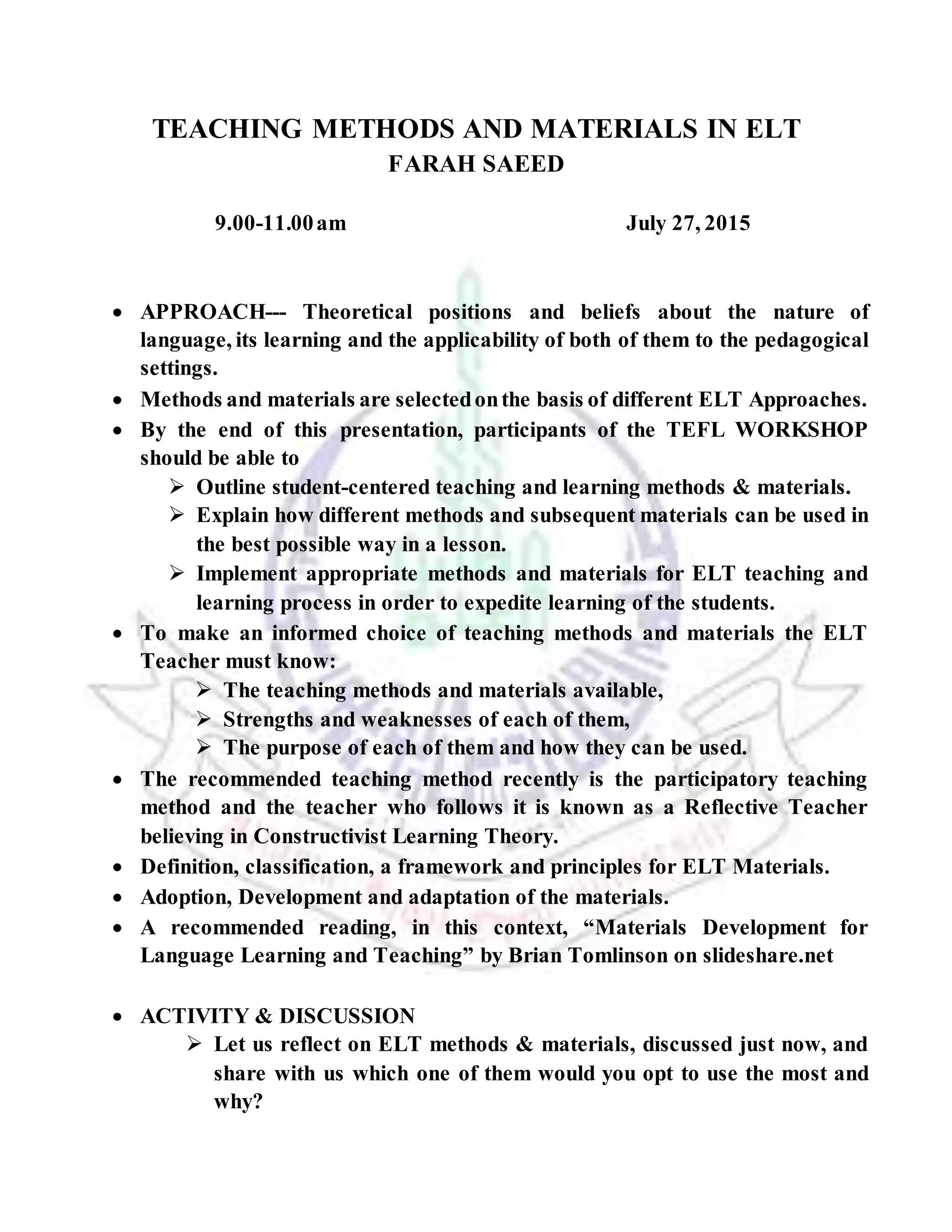 TEACHING METHODS AND MATERIALS IN ELT | DOCX | Education