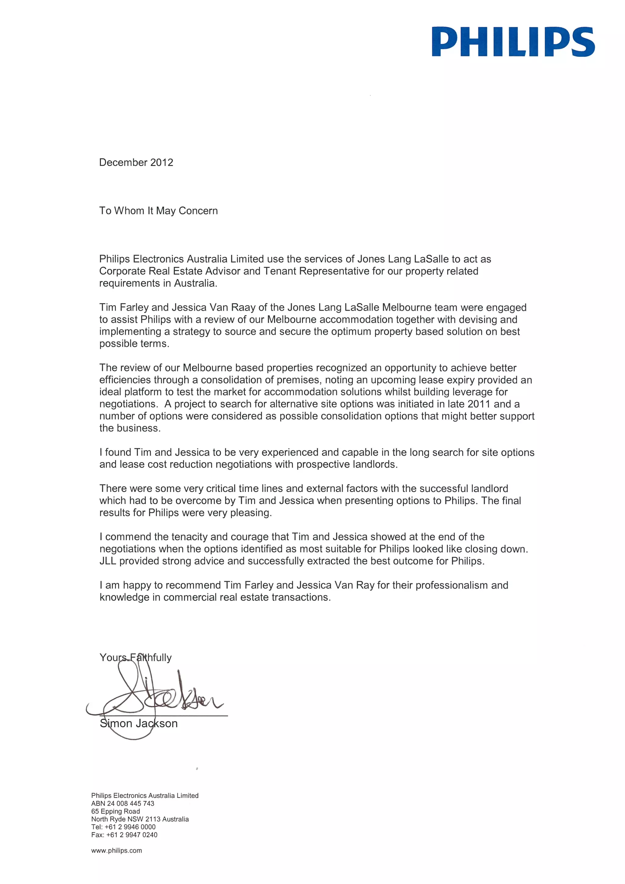Philips - JLL Reference Letter from Simon Jackson Dec 2012 | PDF