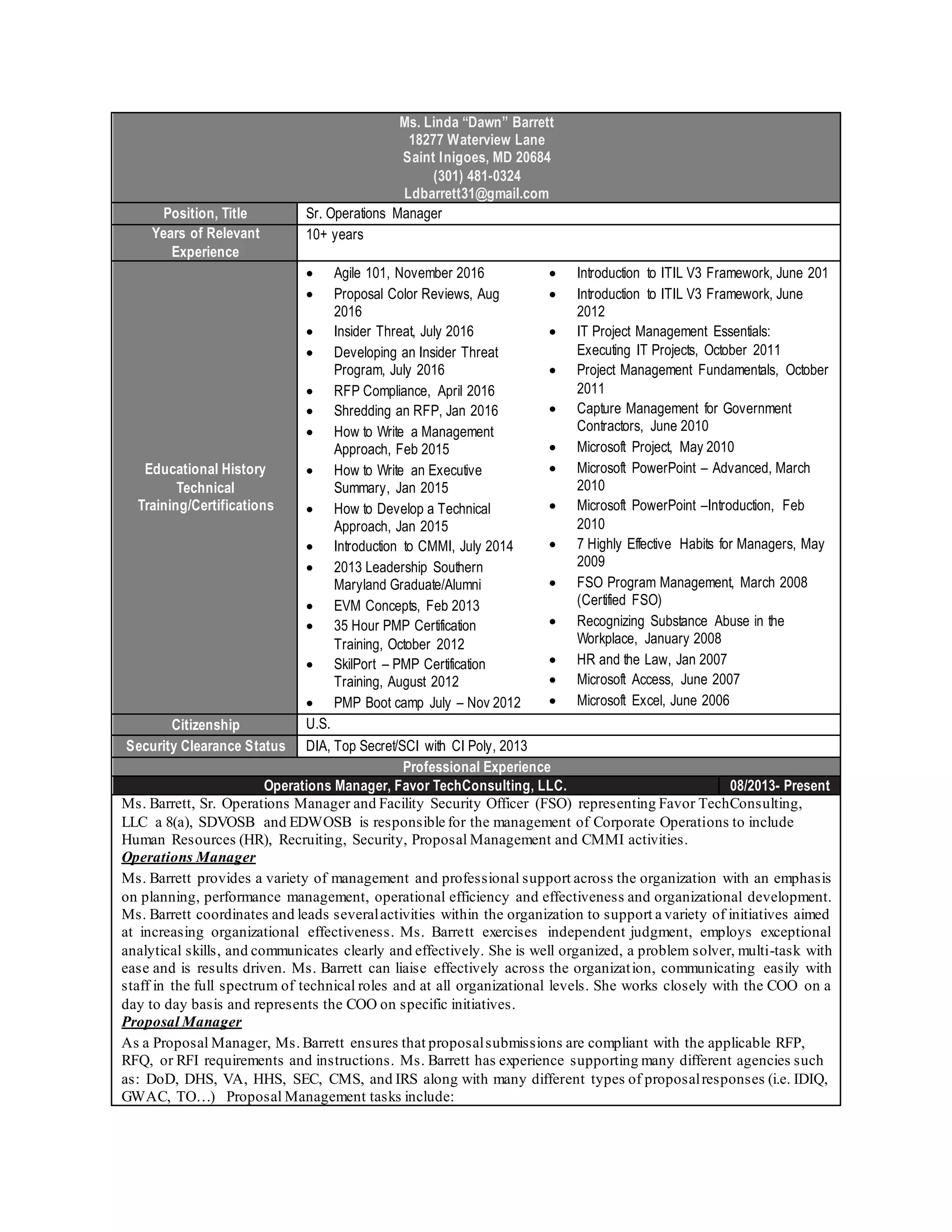 Linda Dawn Barrett Resume - 2016 | DOCX