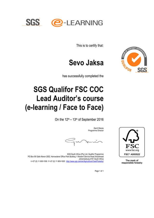 Jakša Ševo - FSC CoC certificate | PDF
