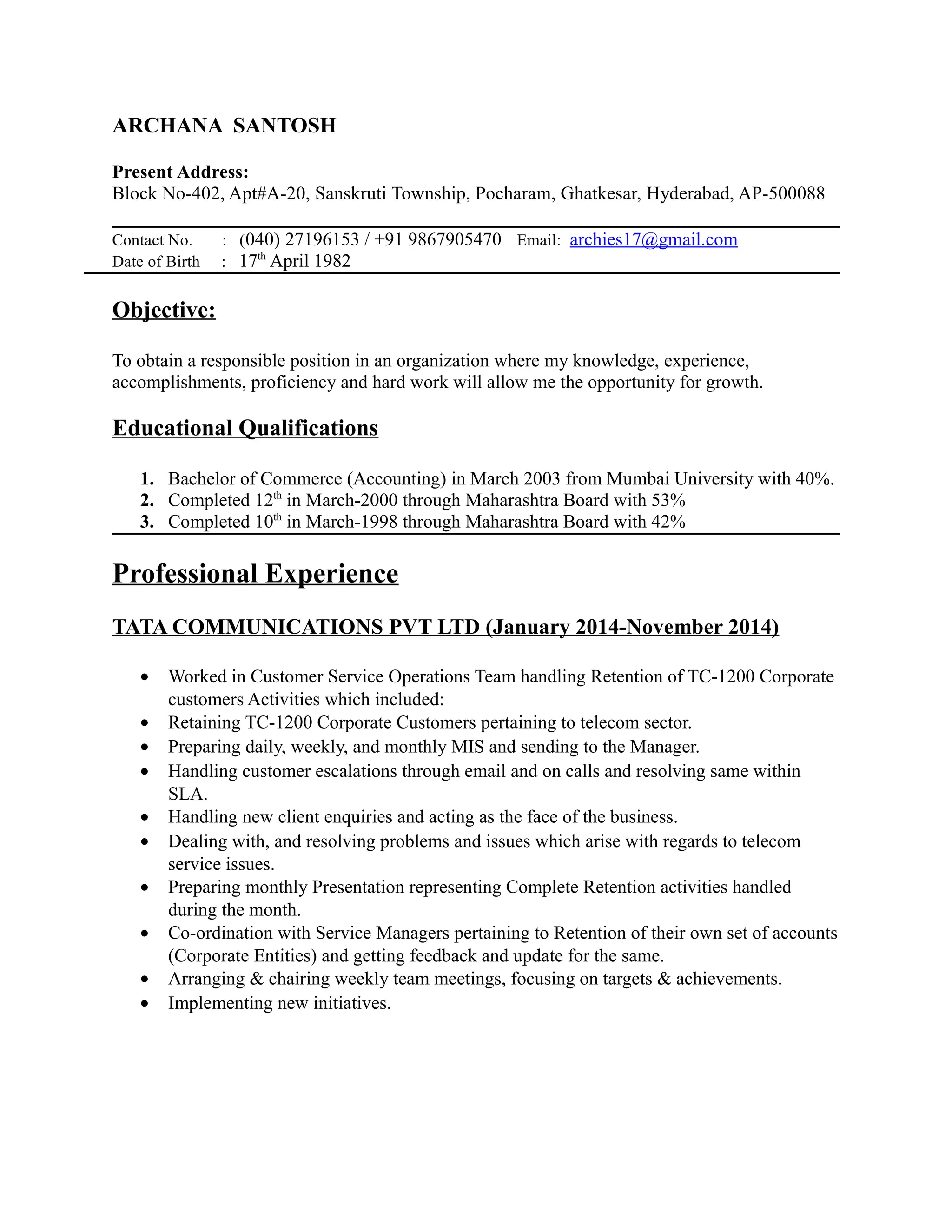 ARCHANA SANTOSH Resume | DOC | Resume Writing and Advice | Job Search