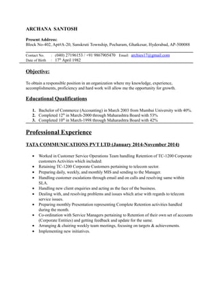 ARCHANA SANTOSH Resume | DOC | Resume Writing and Advice | Job Search