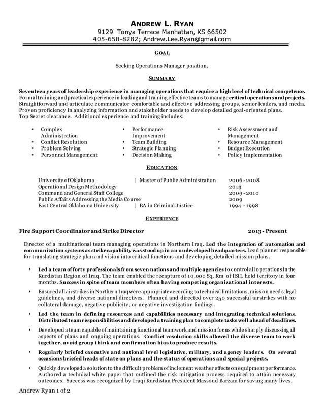Andrew L Ryan Operations Resume 13JUL15 | PDF