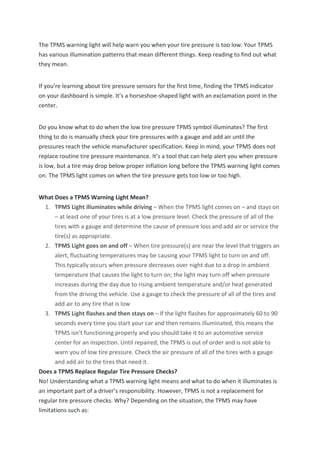 TPMS LIGHT ON WHAT IT MEANS & WHAT YOU NEED TO DO | PDF