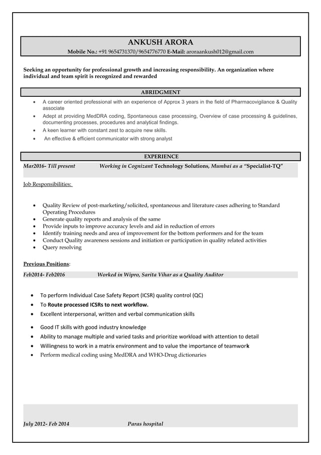 Ankush Pharmacovigilance CV | PDF