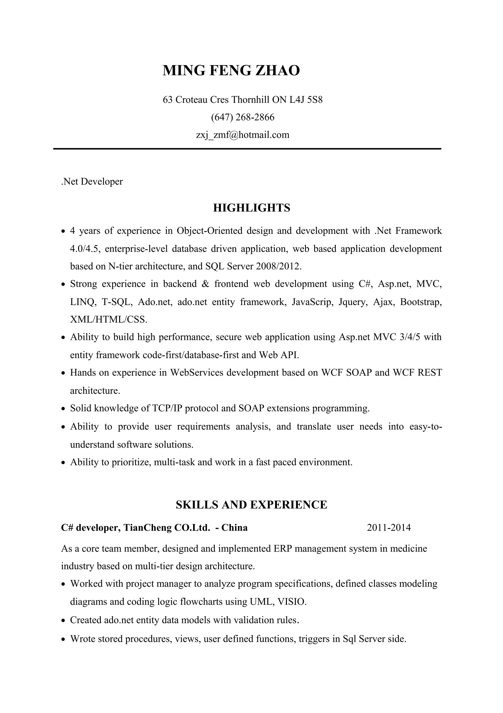 .net Developer Resume(Ming Zhao) | DOC
