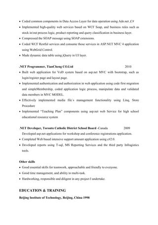 .net Developer Resume(Ming Zhao) | DOC | Web Development | Internet