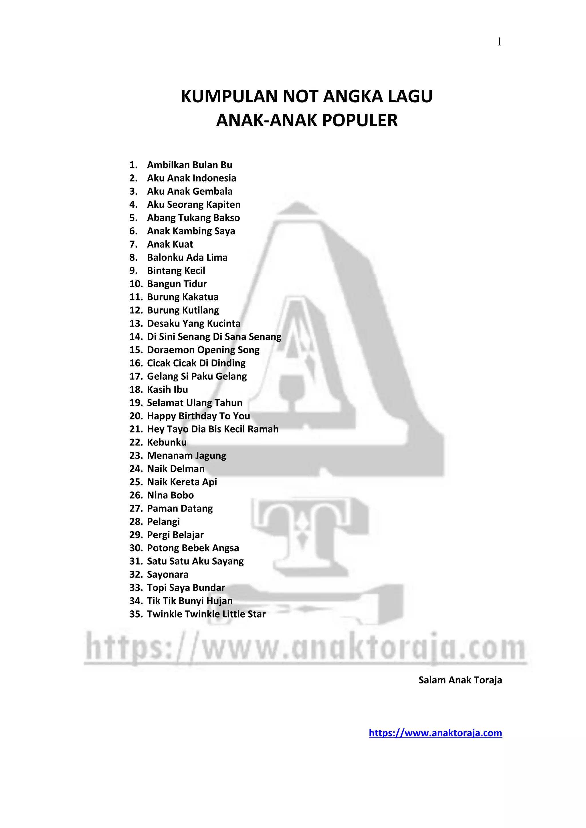 Not angka lagu anak lengkap | PDF