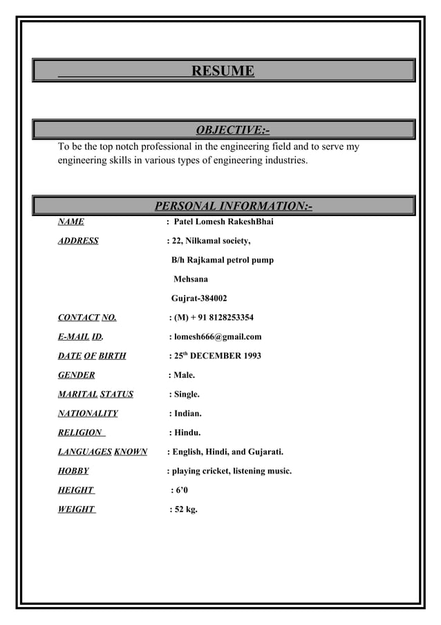 resume of lomesh | DOC