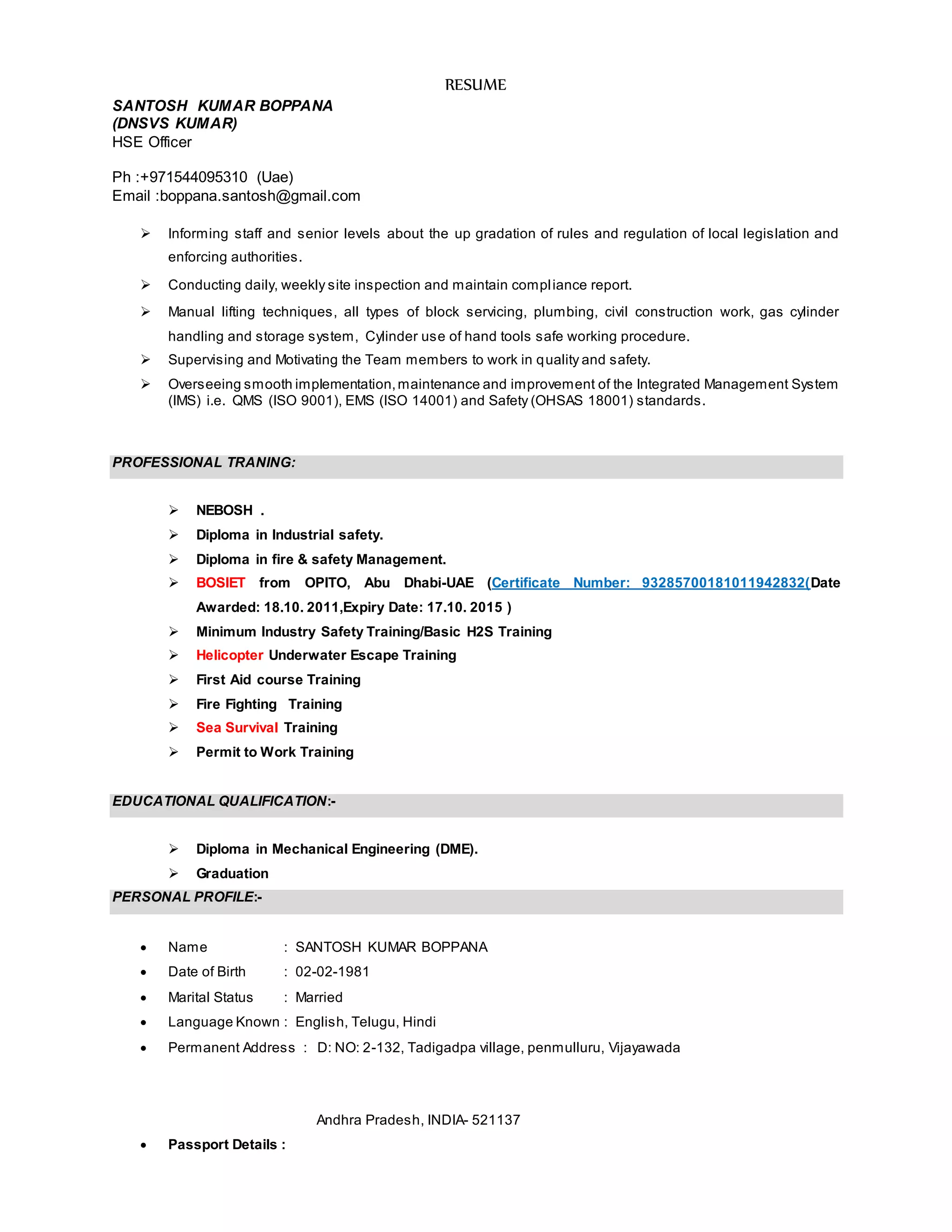 Santosh boppana-uae | DOCX | Civil Engineering Industry | Industries