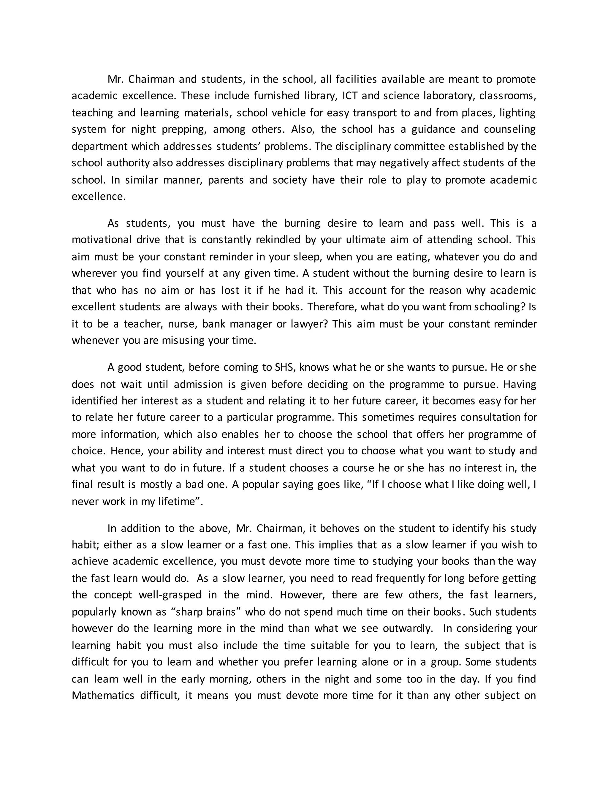 A SPEECH ON academic excellence | DOCX