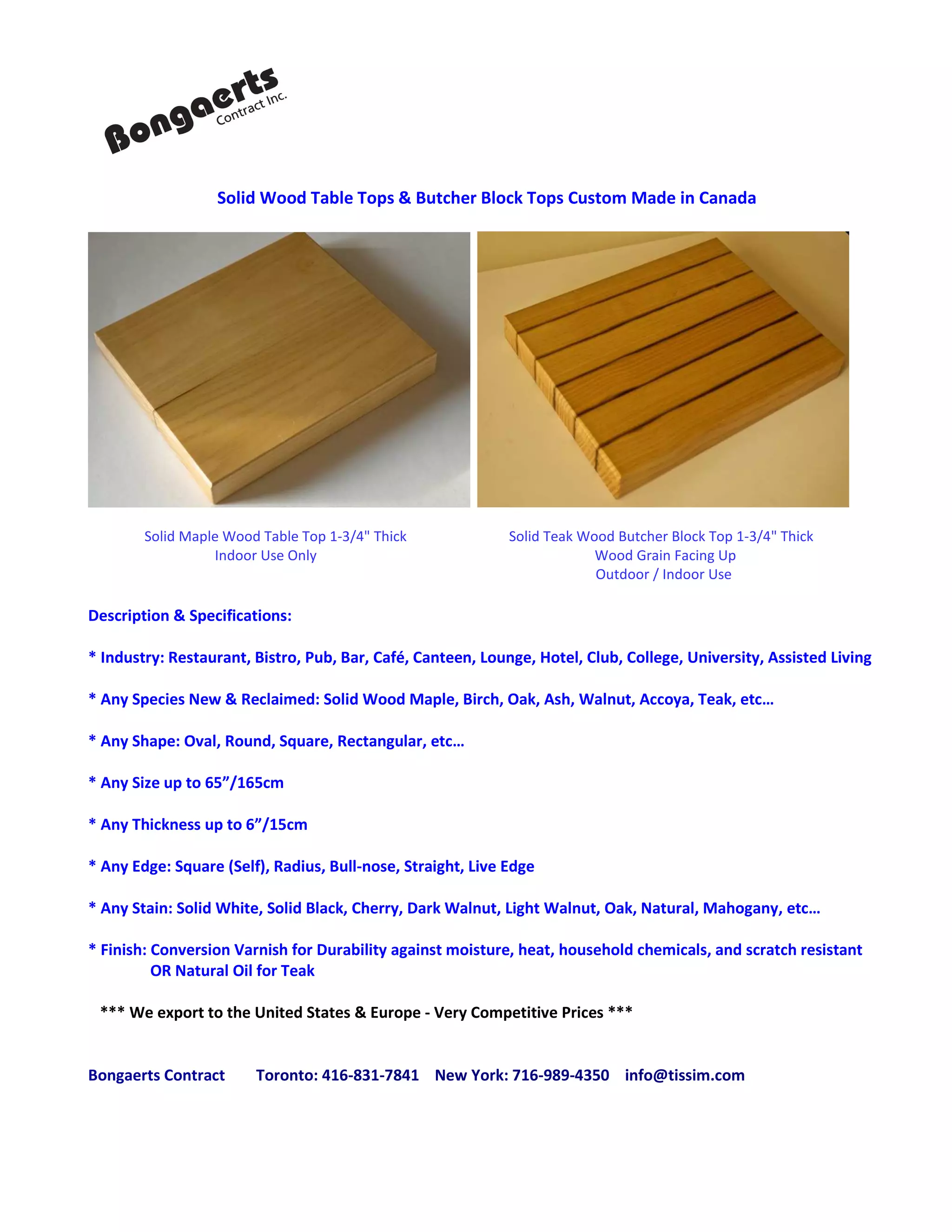 Solid Wood Table Tops & Butcher Block Tops Custom Made in Canada | PDF