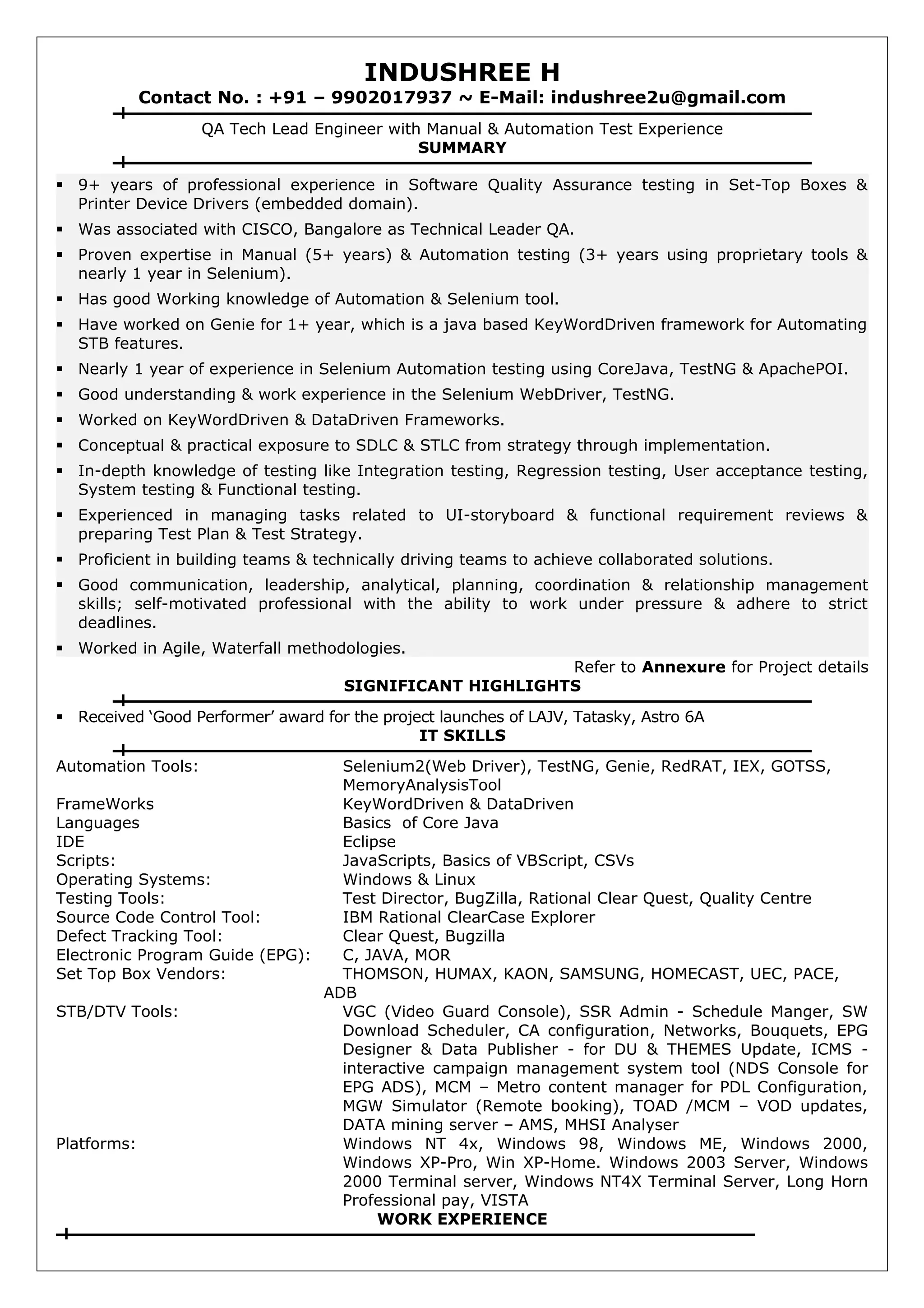 IndushreeH_Resume_New | DOC | Operating Systems | Computer Software and ...