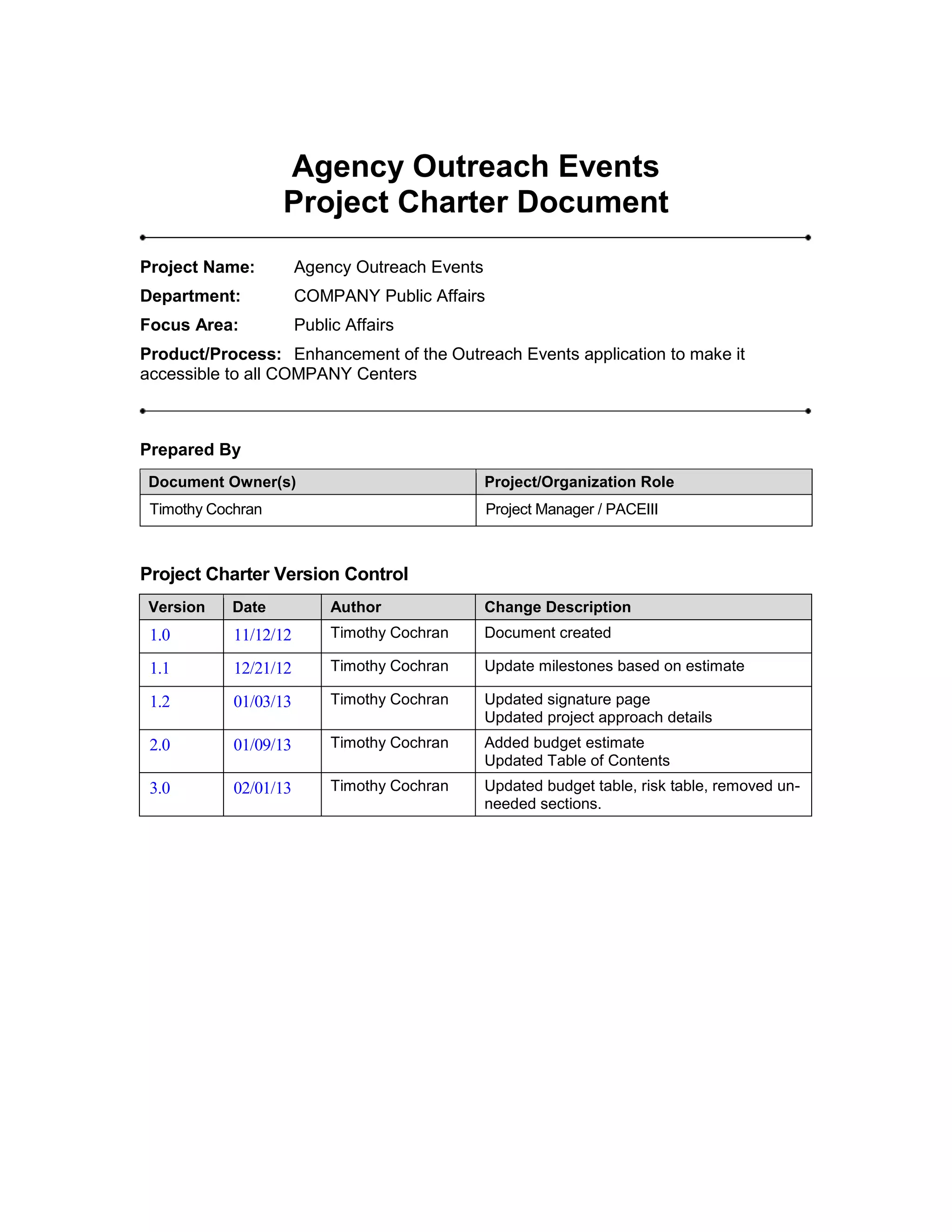 Project Charter - Outreach Events for the Company | PDF