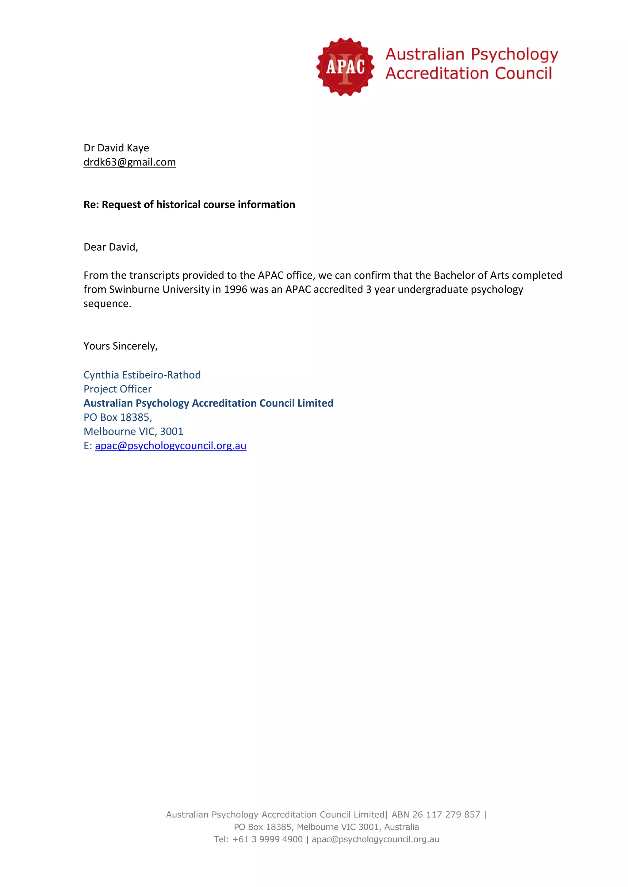 APAC Letter_David Kaye | PDF