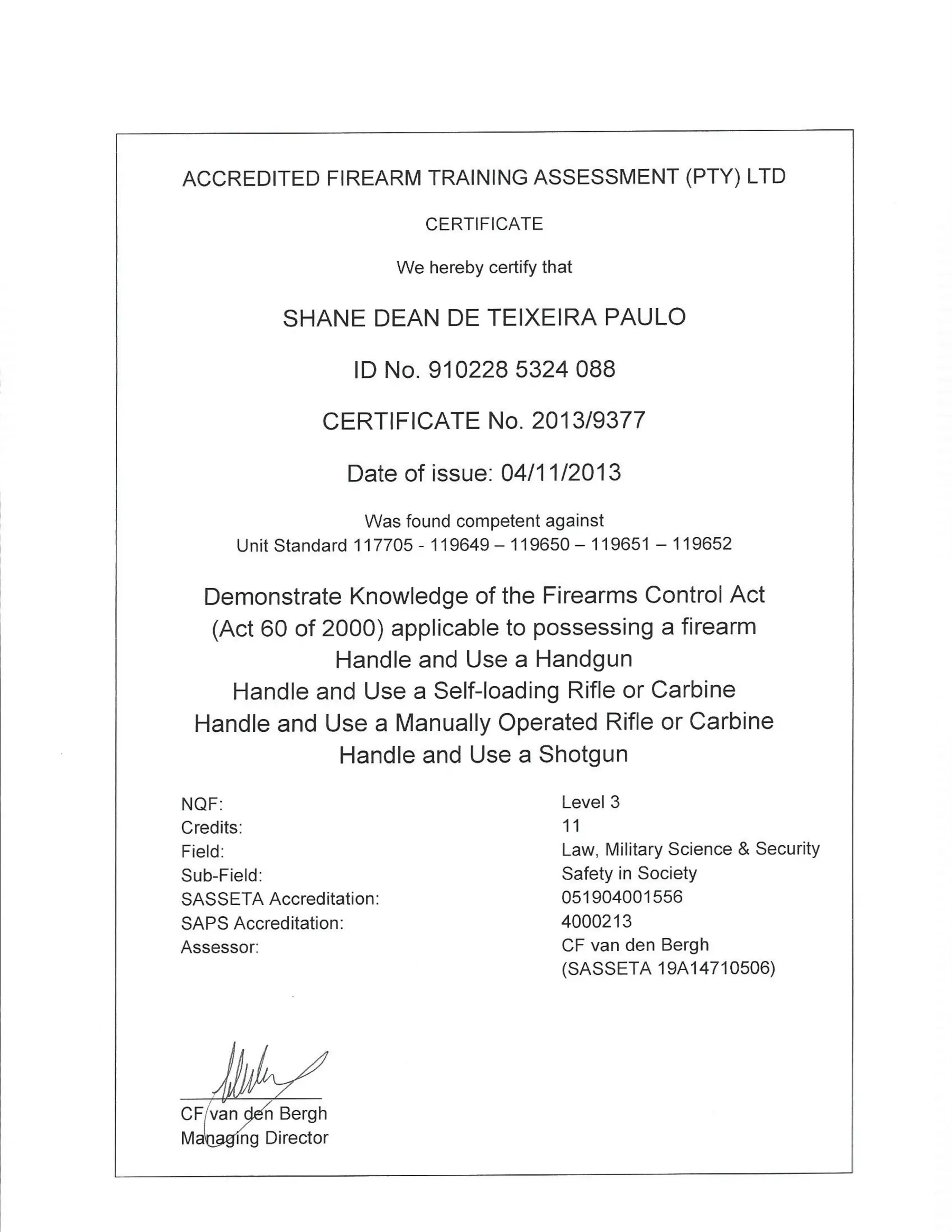 SASSETA Training Certificate | PDF