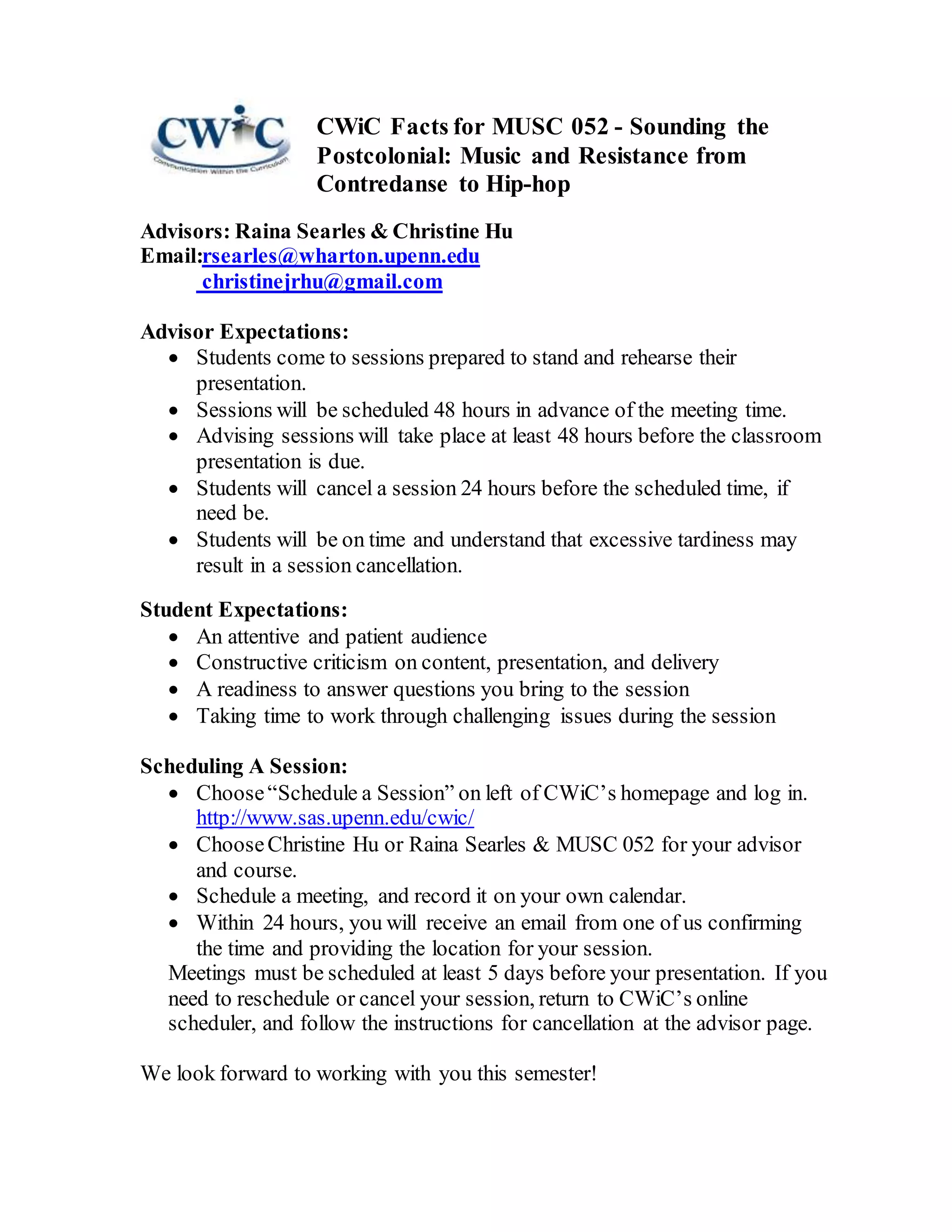 CWiC Facts for MUSC 052 | PDF