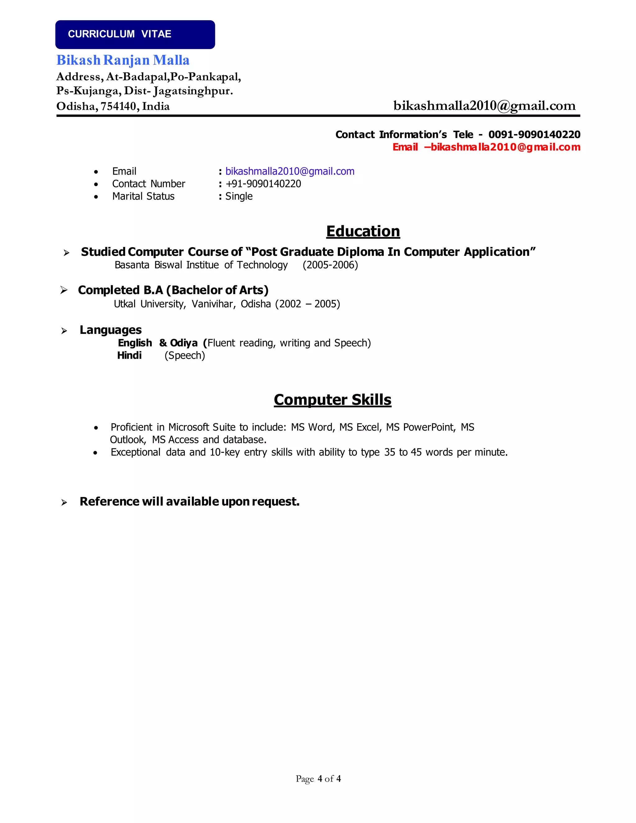 Bikash Ranjan Malla Updated Resume | DOCX | Business Administration | Business