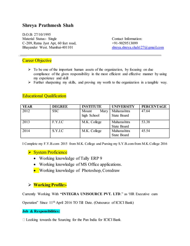 Shreya Resume 1 | DOCX | Human Resources | Business