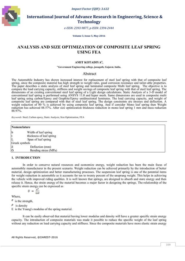 ANALYSIS AND SIZE OPTIMIZATION OF COMPOSITE LEAF SPRING USING FEA | PDF
