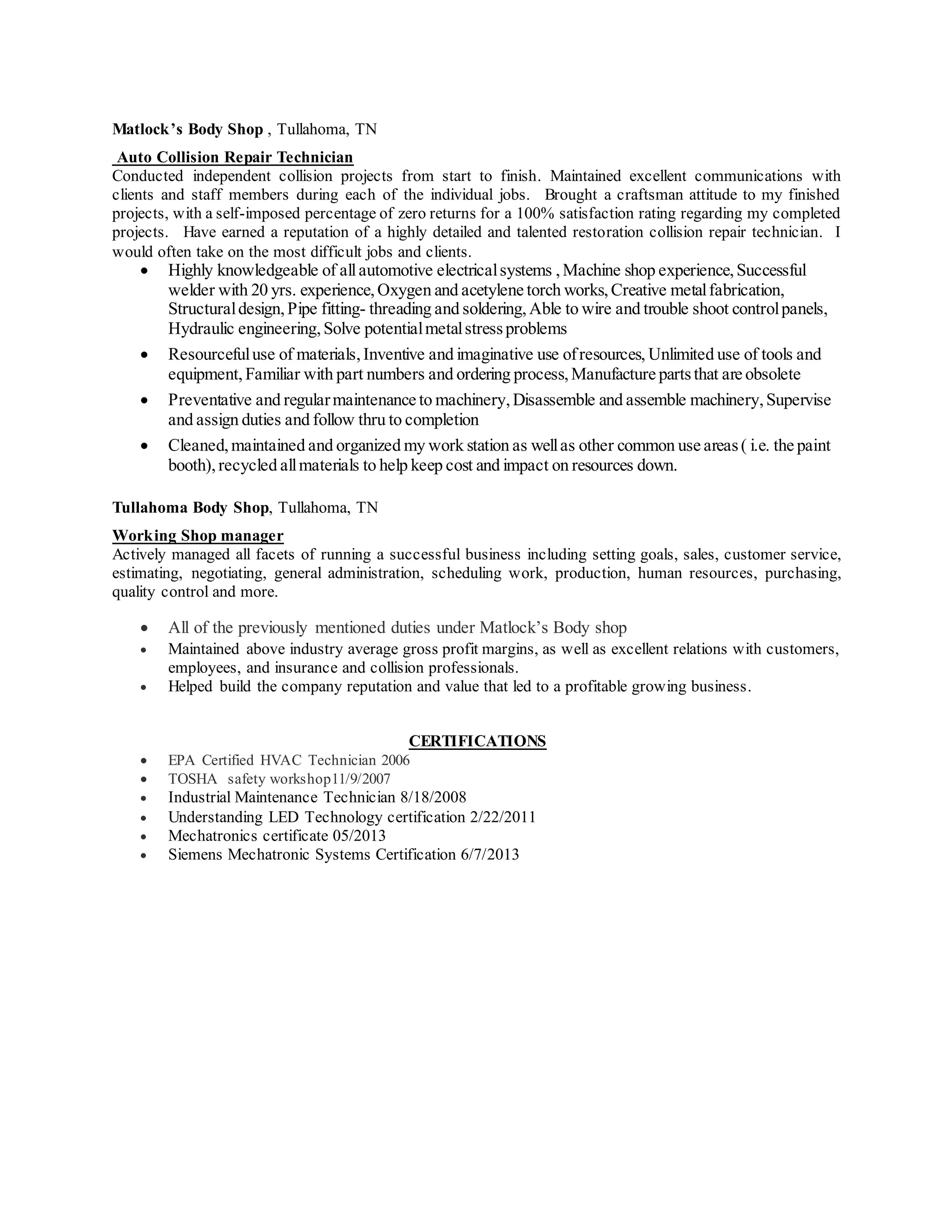 Eric Brown Resume TCAT | DOCX | Auto Repair | Automotive