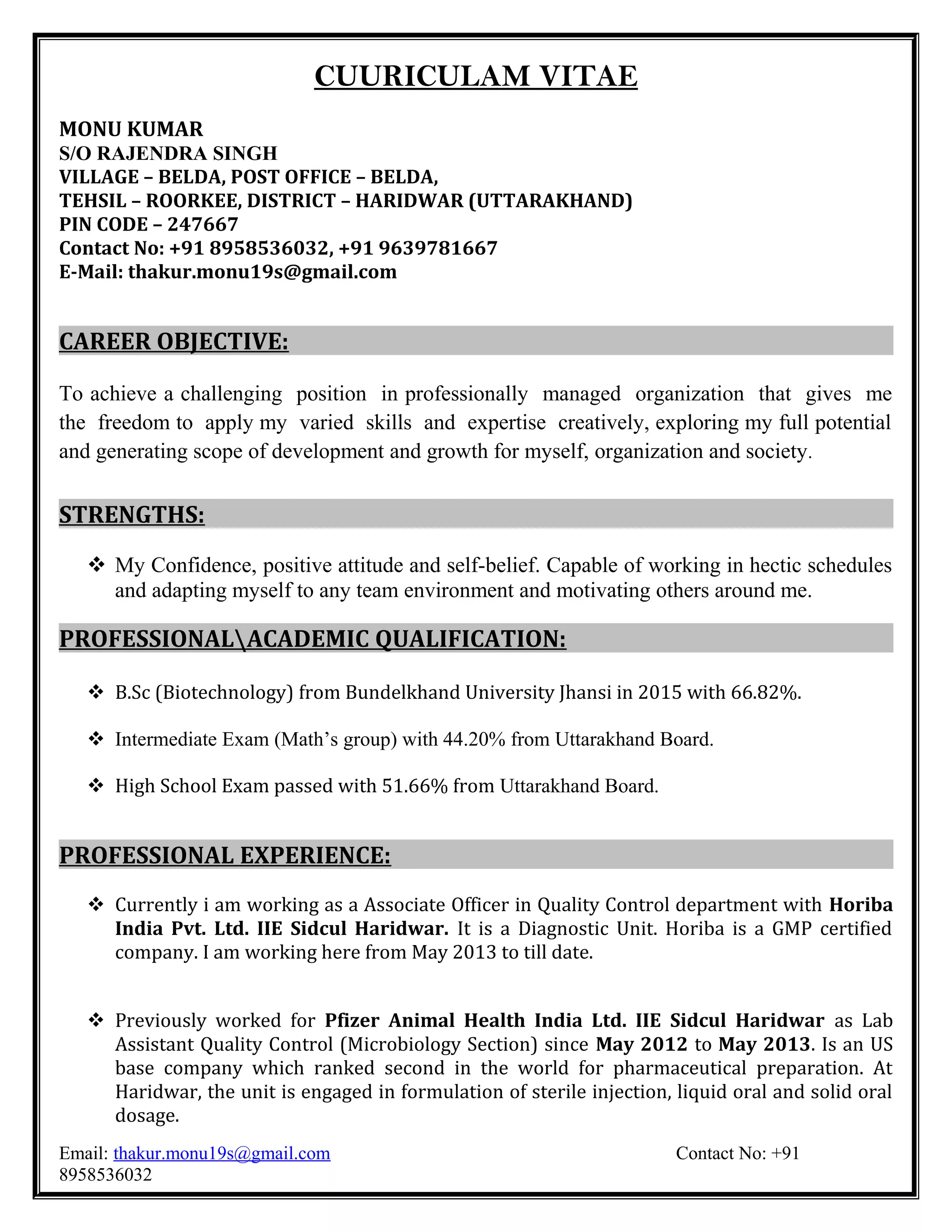 MONU KUMAR CV UPDATED. | PDF