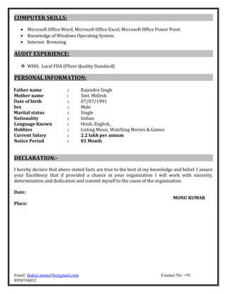 MONU KUMAR CV UPDATED. | PDF