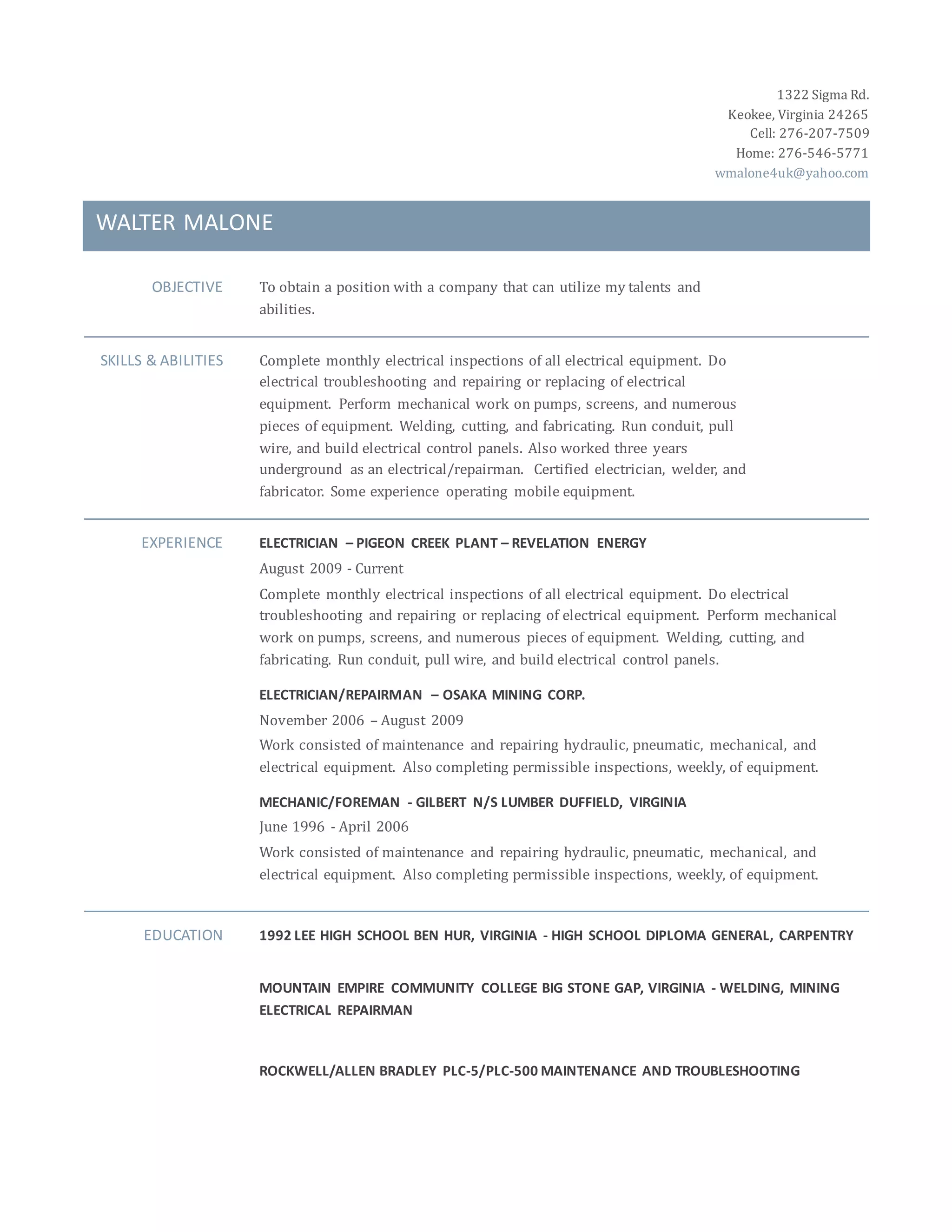 Walter Malone Resume | DOCX