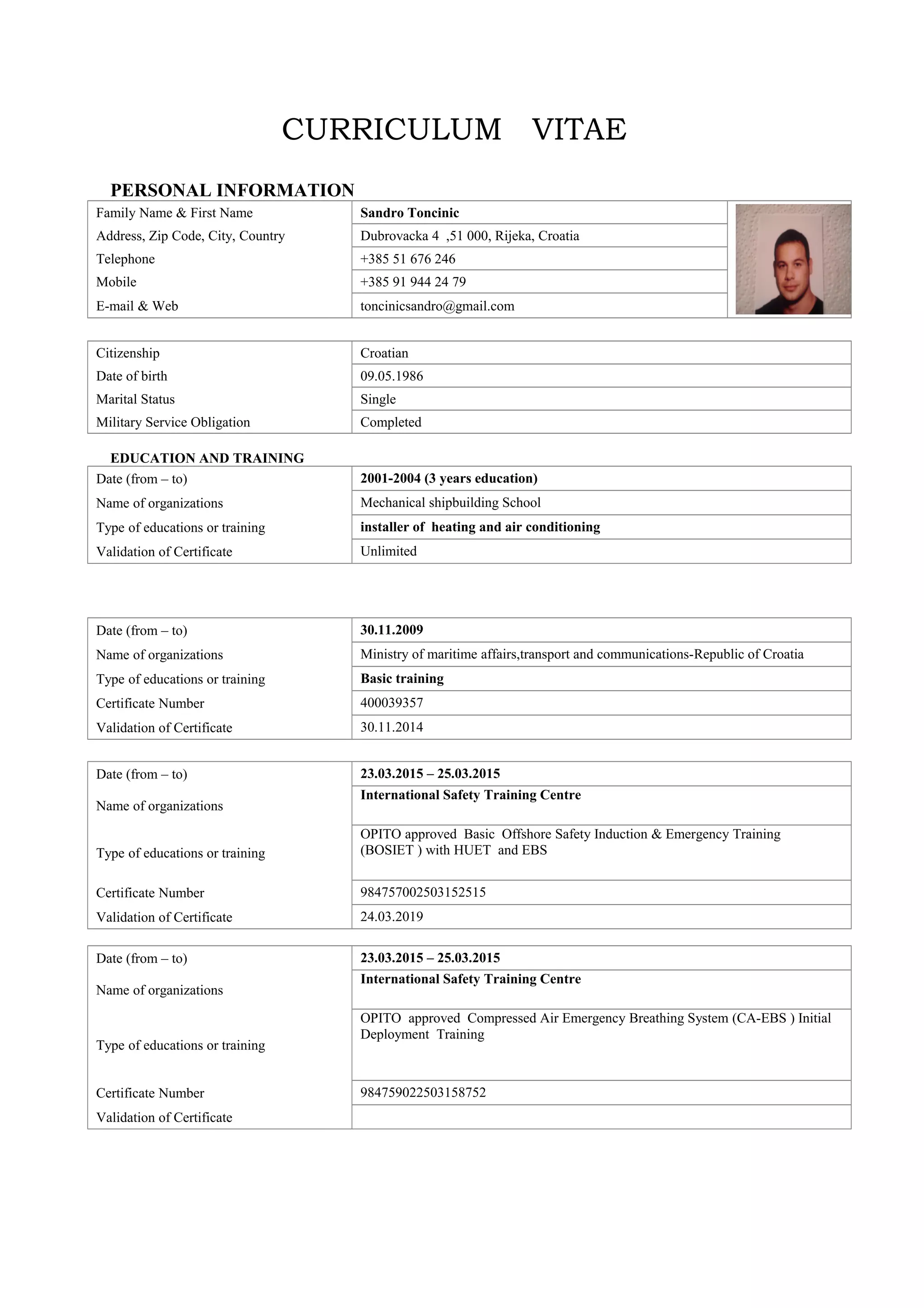 Sandro Tončinić Curriculum Vitae | DOC | Business and Finance