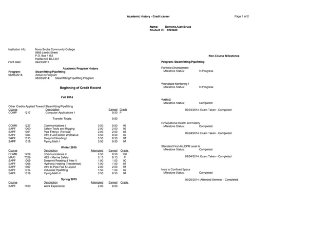 AL's NSCC Academic Transcript. | PPT