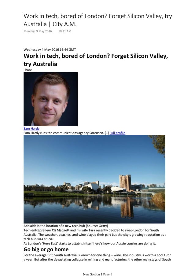 Work in tech, bored of London Forget Silicon Valley, try Australia City ...