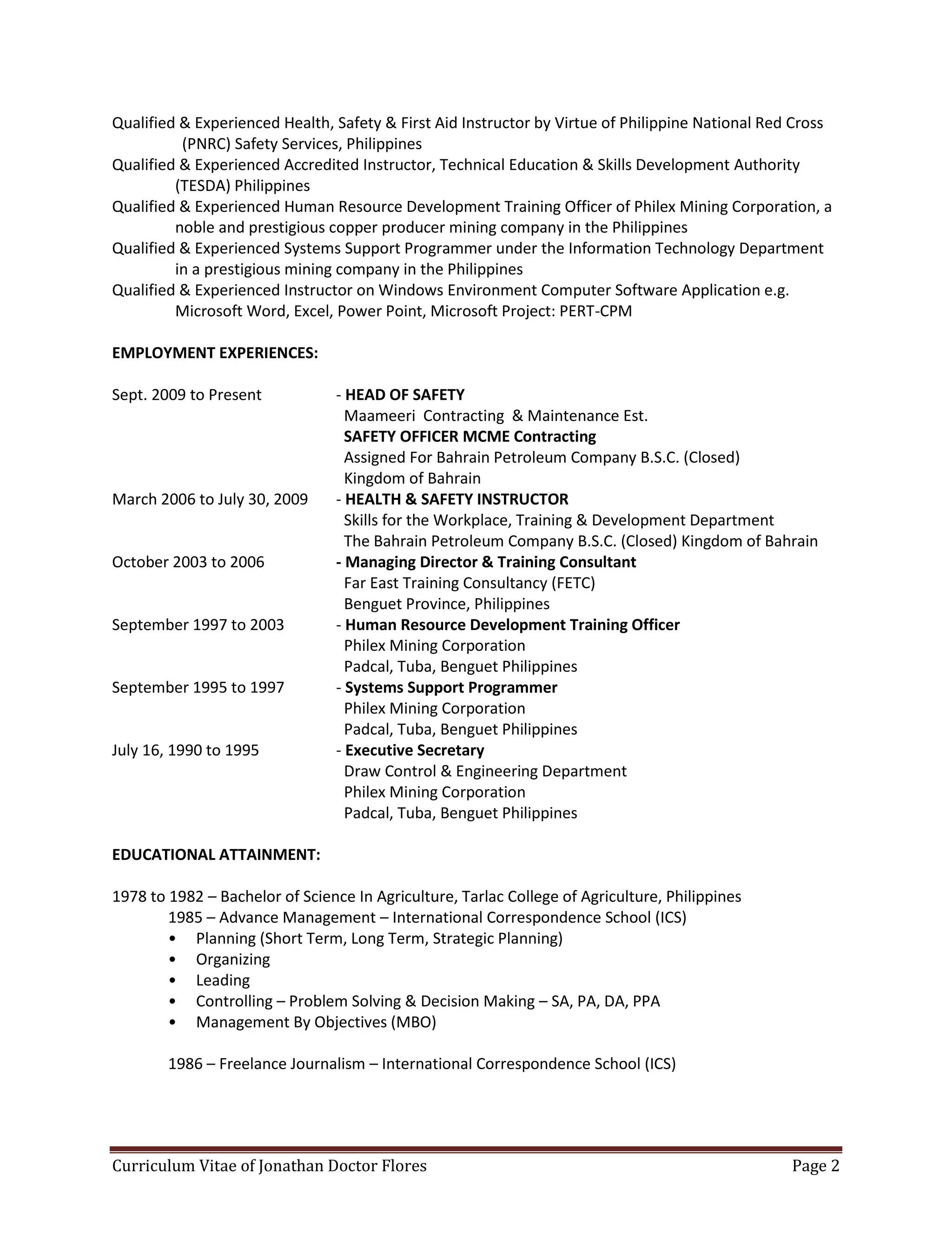 CURRICULUM VITAE HSE of JONATHAN DOCTOR FLORES UPDATED | PDF