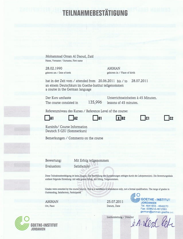 goethe certificate Zaid | PDF