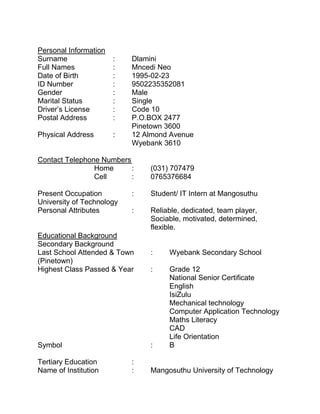 CURRICULUM VITAE of Neo Dlamini recent copy PDF | PDF | IT and Internet ...