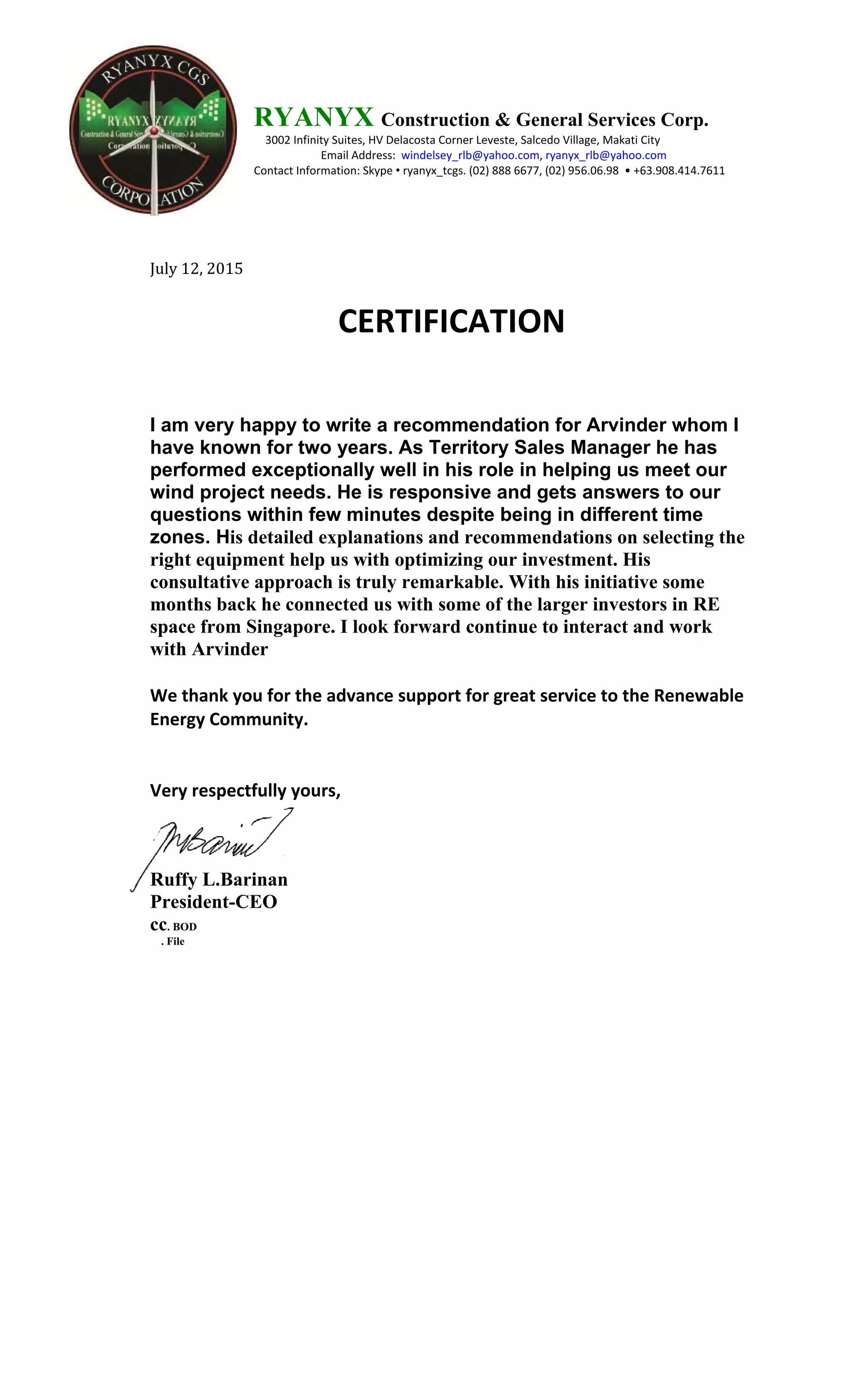 Letter of RECOMMENDATION RNRG ARVINDER | PDF