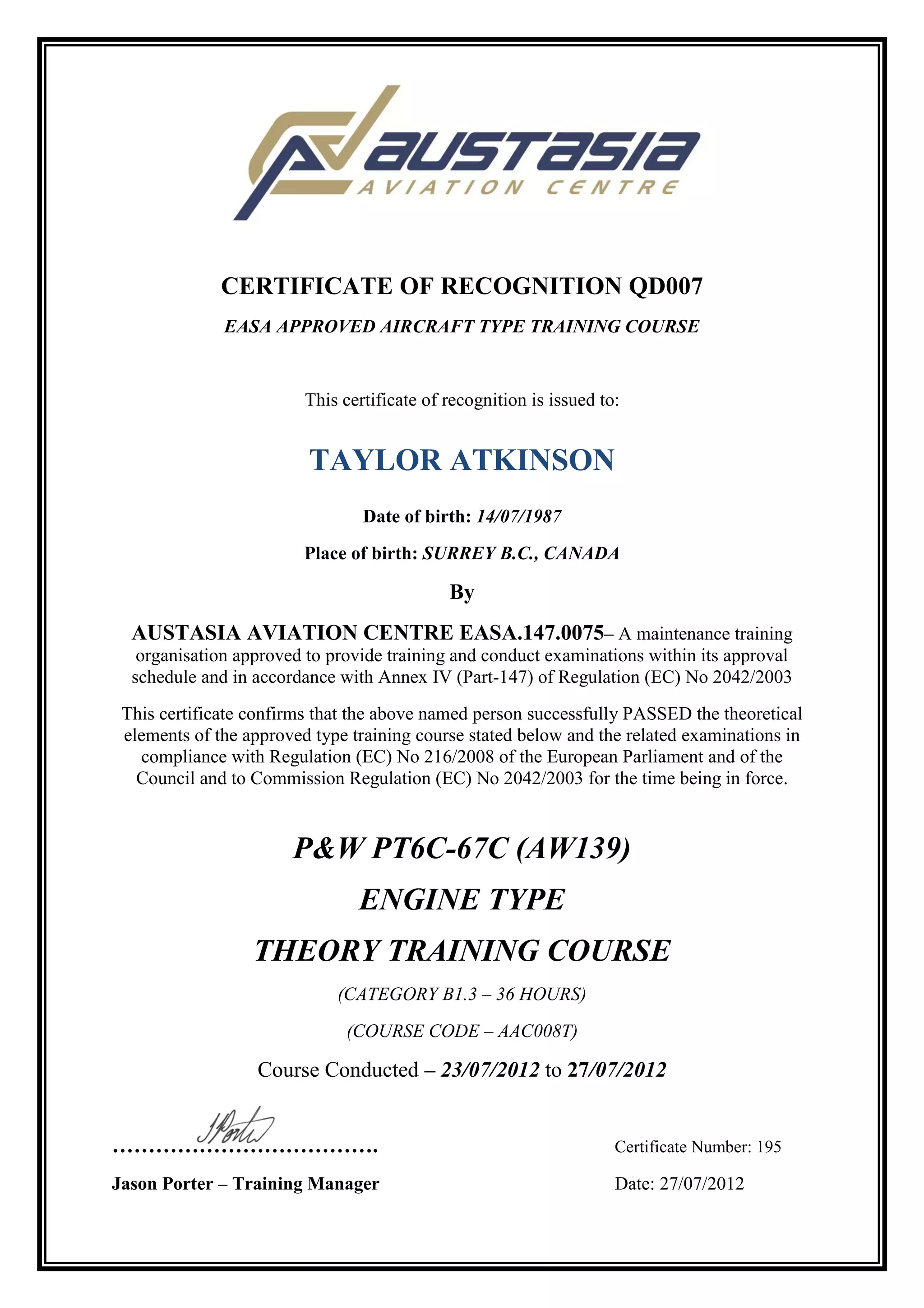 TAYLOR ATKINSON QD007 THEORY ELEMENT CERTIFICATE_OF_TRAINING EASA | PDF