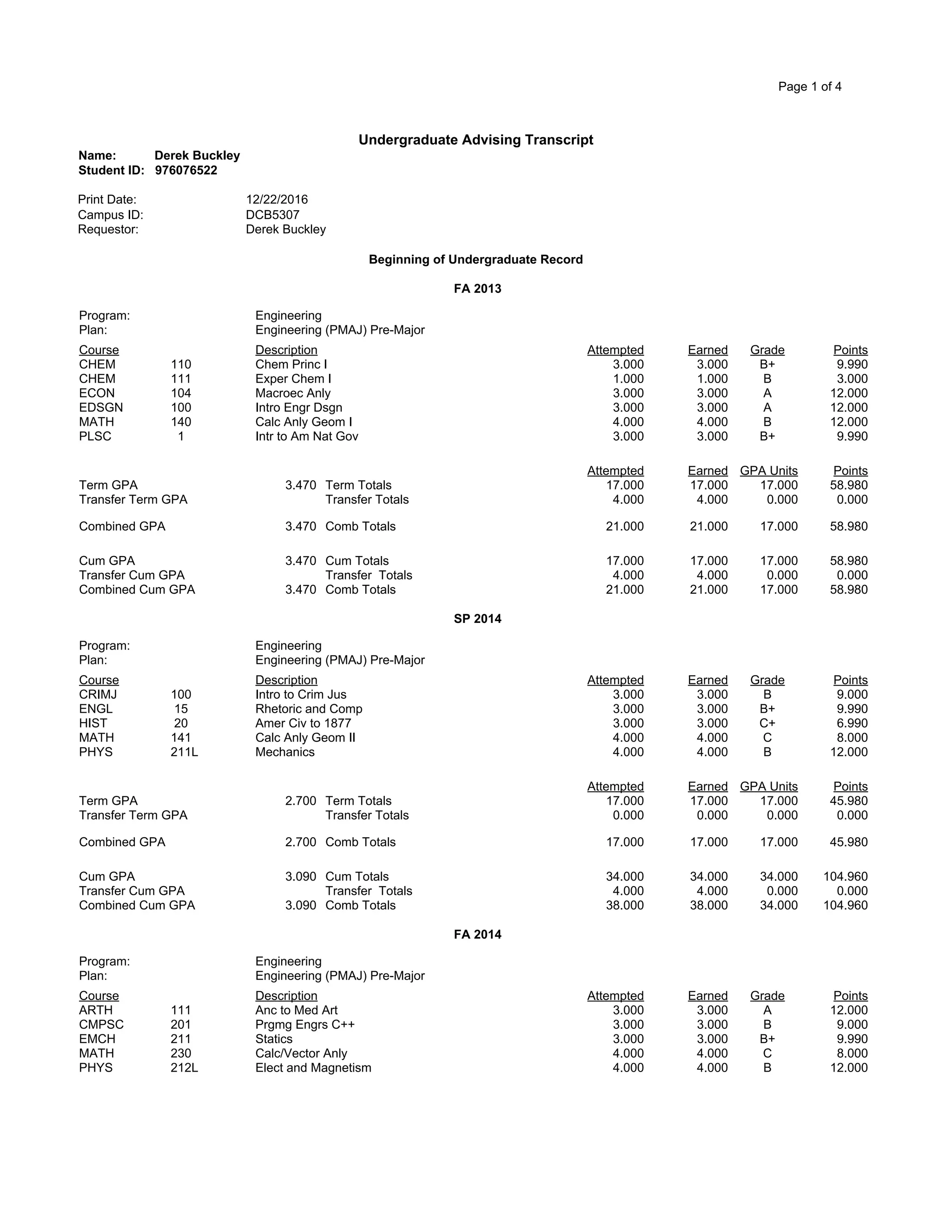 Derek Buckley Spring Transcript | PDF