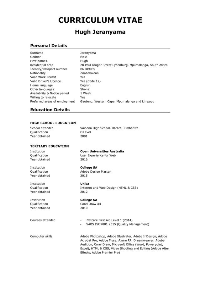 CURRICULUM VITAE FOR HUGH JERANYAMA | DOC