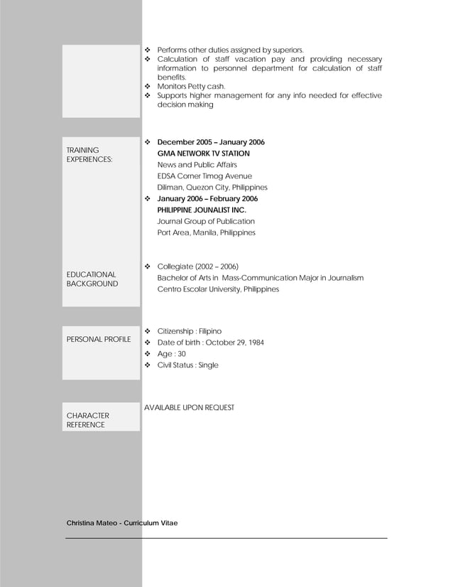 CHRISTINA MATEO-Curriculum Vitae | PDF