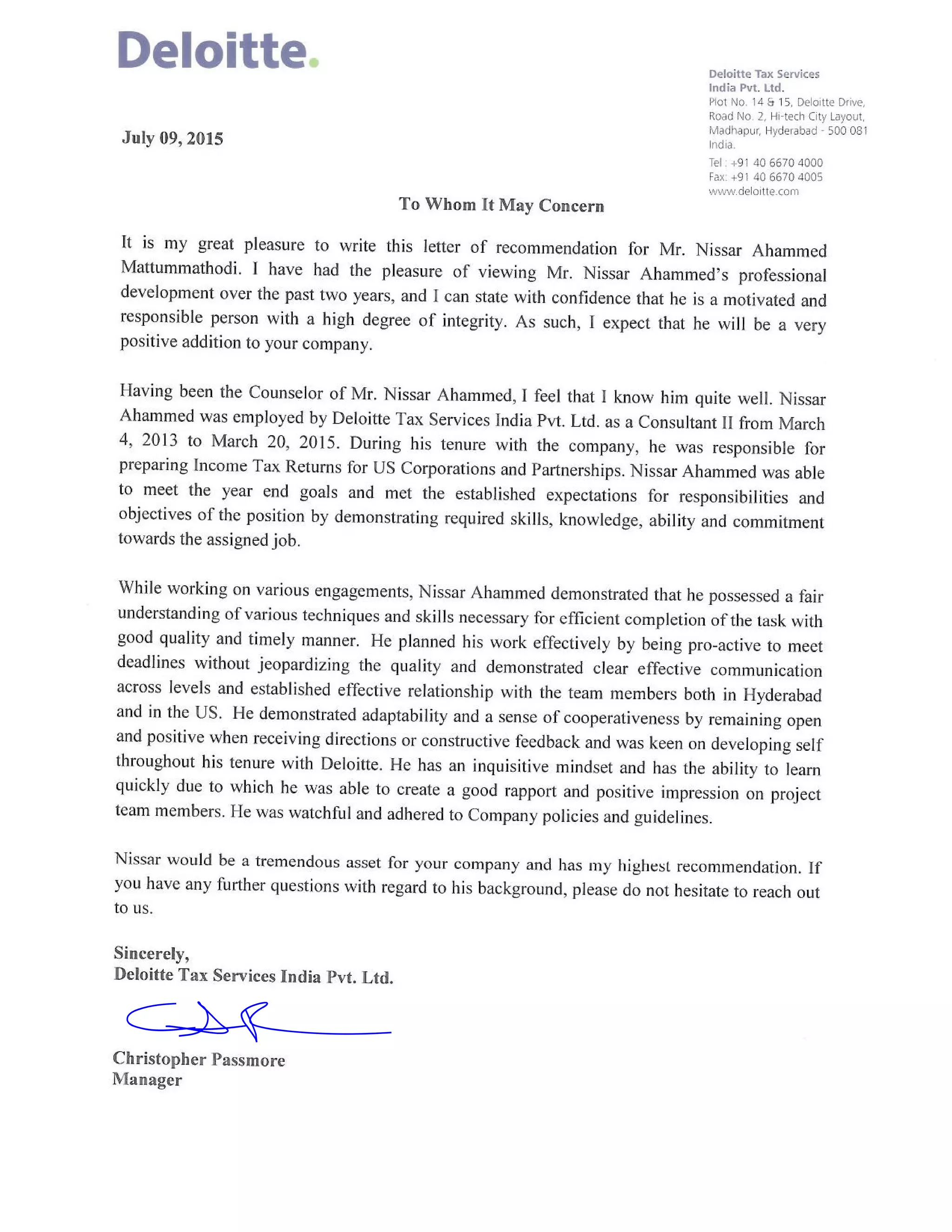 Letter Of Recommendation - Deloitte | PDF