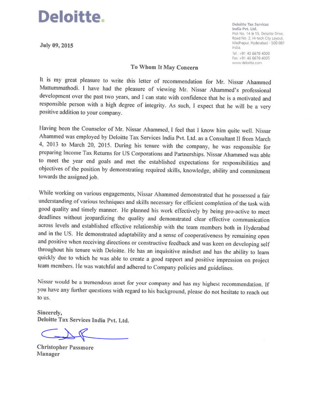 Letter Of Recommendation - Deloitte | PDF