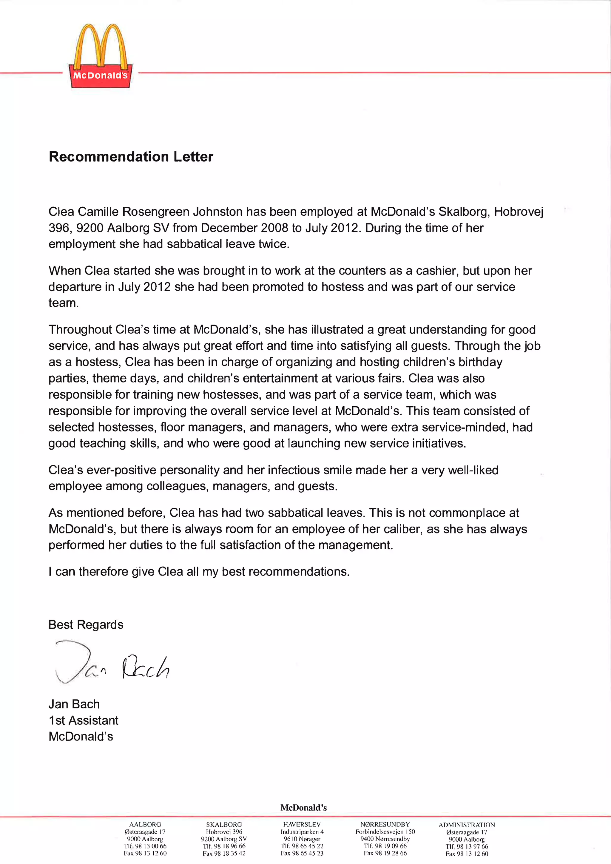 Recommondation Letter from McDonalds | PDF