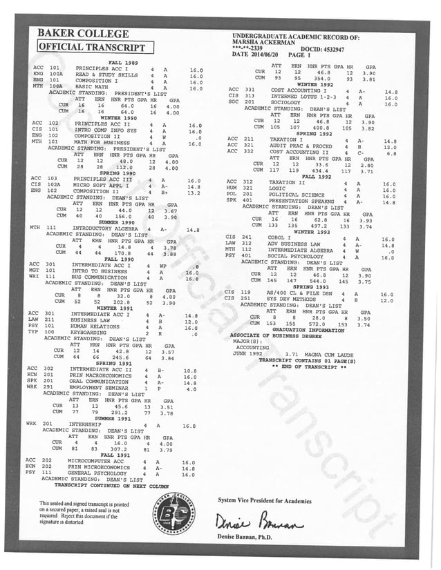 Ackerman Marsha College Transcript | PDF