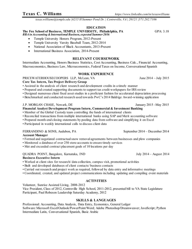 Texas Williams Spring 2016 Resume | PDF